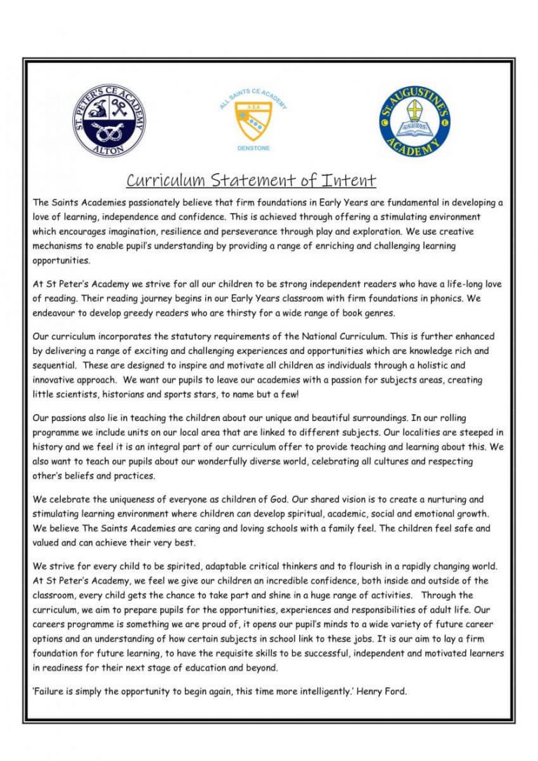 Curriculum Statement of Intent - St Peter's CE Academy Alton